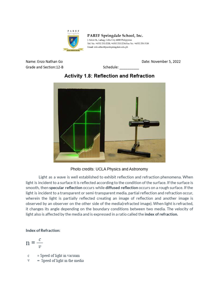 Go Enzo Nathan - FA#8 - Activity 1.8 - Reflection and Refraction | PDF | Refraction | Reflection ...