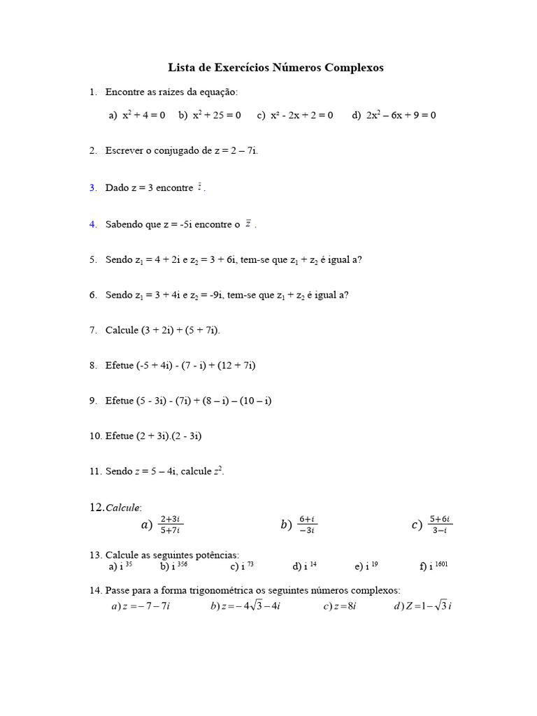 Lista de Exercícios Números Complexos | PDF
