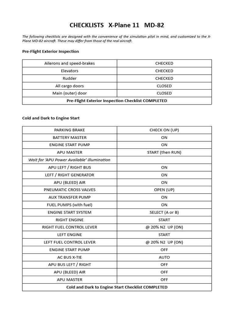 CHECKLISTS - X-Plane 11 - MD-82 - by - Tomàs - Gomila | PDF | Takeoff | Flap (Aeronautics)