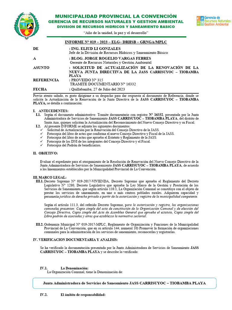 Informe 019 Solicitud de Actualizacion de La Renovacion de La Nueva Junta Directiva Jass ...