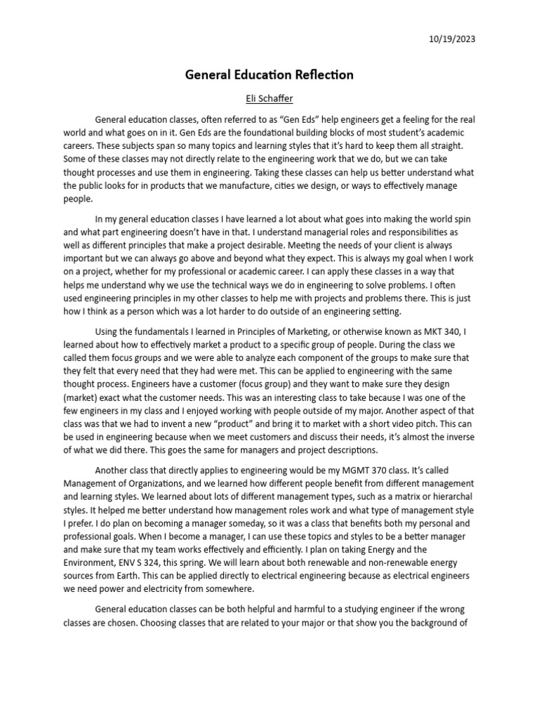 General Education Reflection | PDF | Engineering | Thought