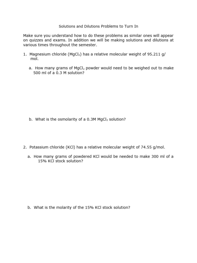 Solutions and Dilution Problem Set To Be Turned in 3 | PDF