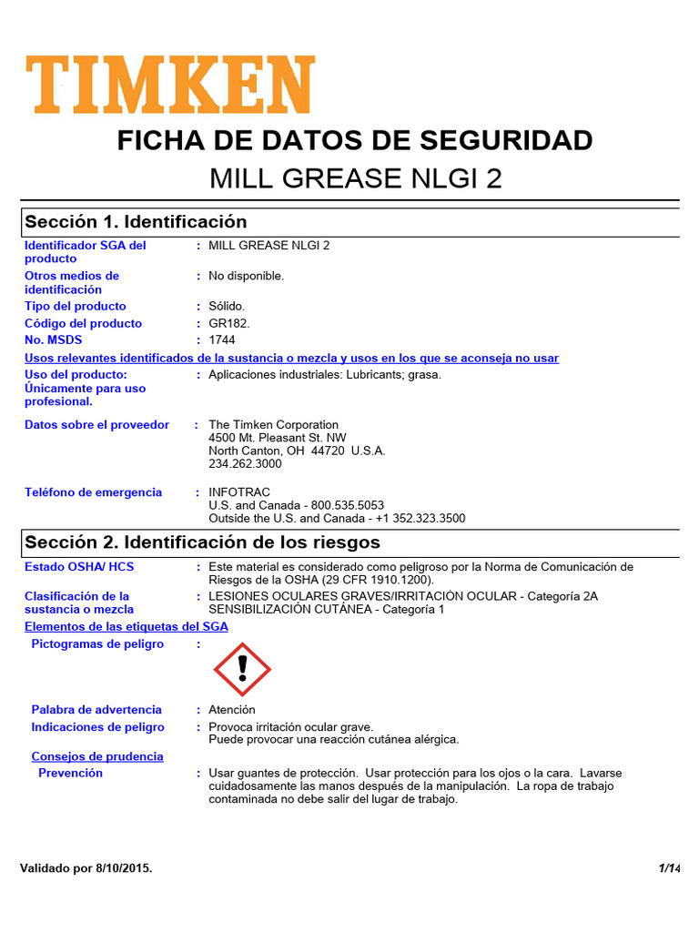 GR182 CSN2805000 GHS Esmx Mill Grease Nlgi 2 | PDF | Residuos | Alergia