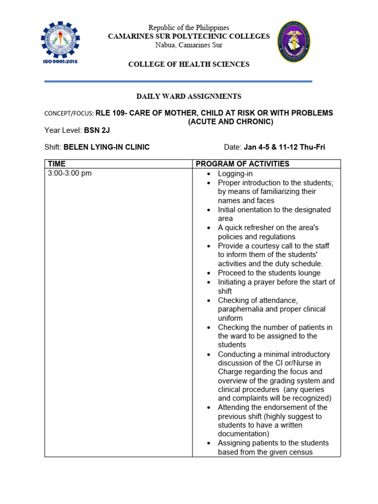 Daily Ward Assignments | PDF | Nursing | Patient