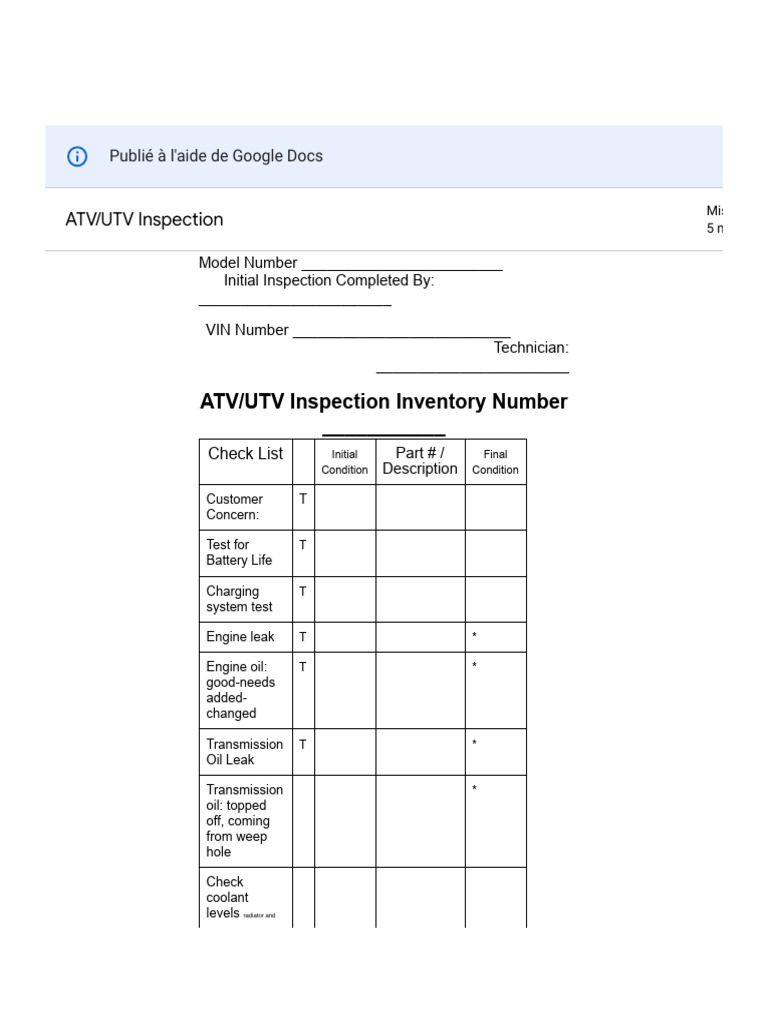 ATV UTV Inspection | PDF | Manufactured Goods | Land Vehicles