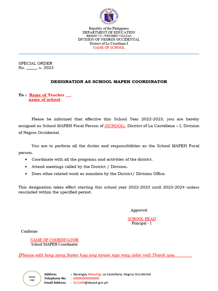 Special Order: MAPEH Coordinator Designation | PDF