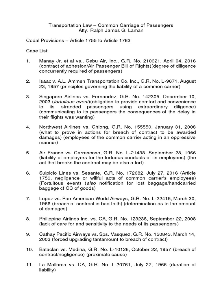 Transportation Law Common Carriage of Passengers Case List - ATTY LAMAN ...