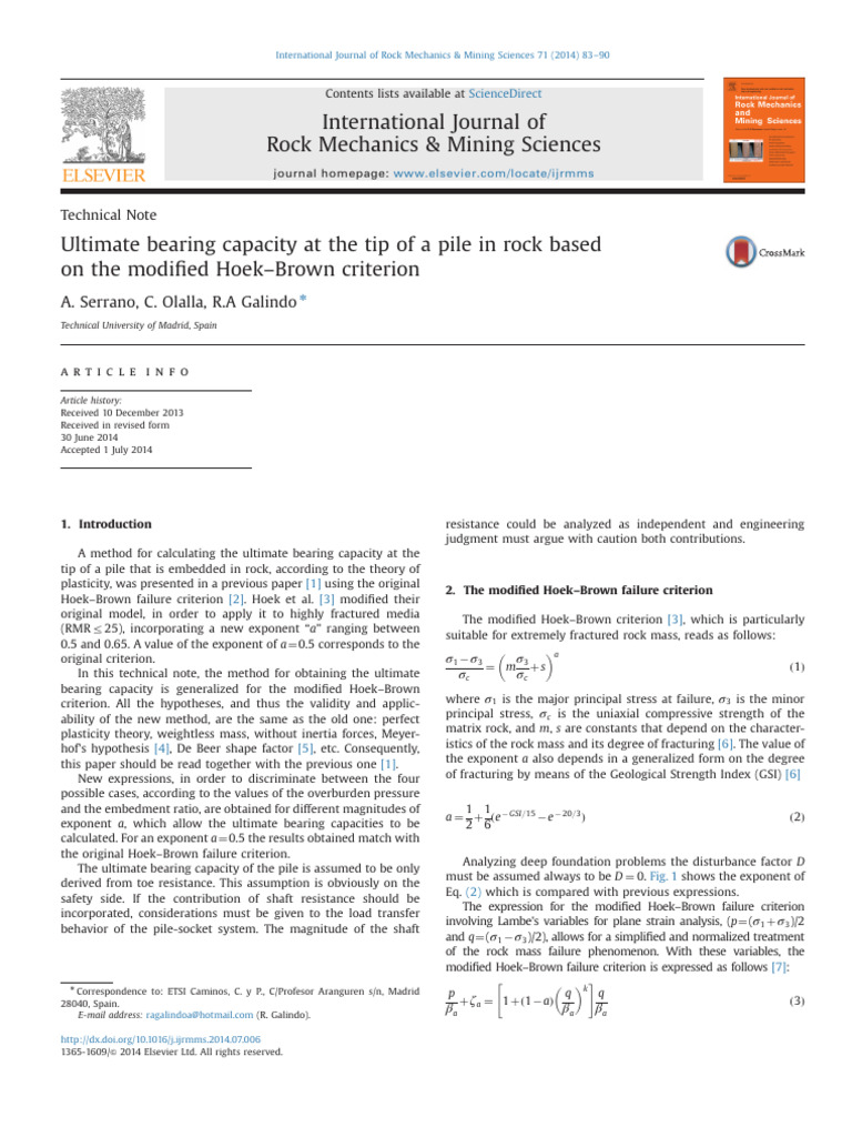 Ultimate Bearing Capacity at The Tip of A Pile in Rock Based On The ...