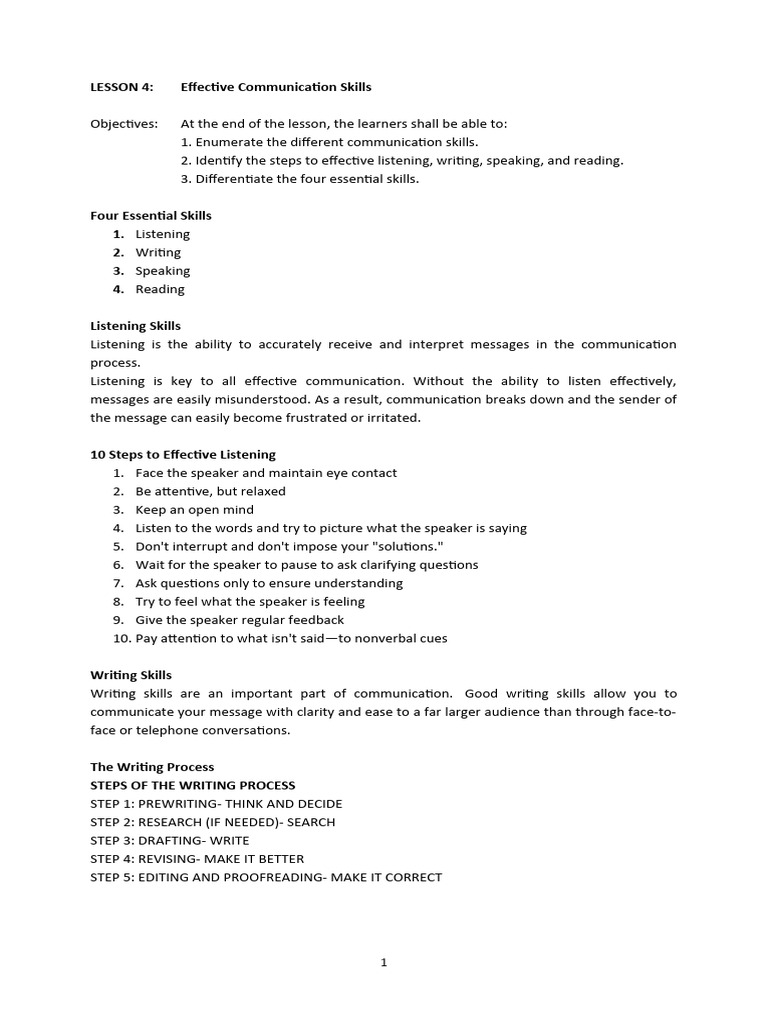 Four Essential Communication Skills | PDF | Communication | Speech