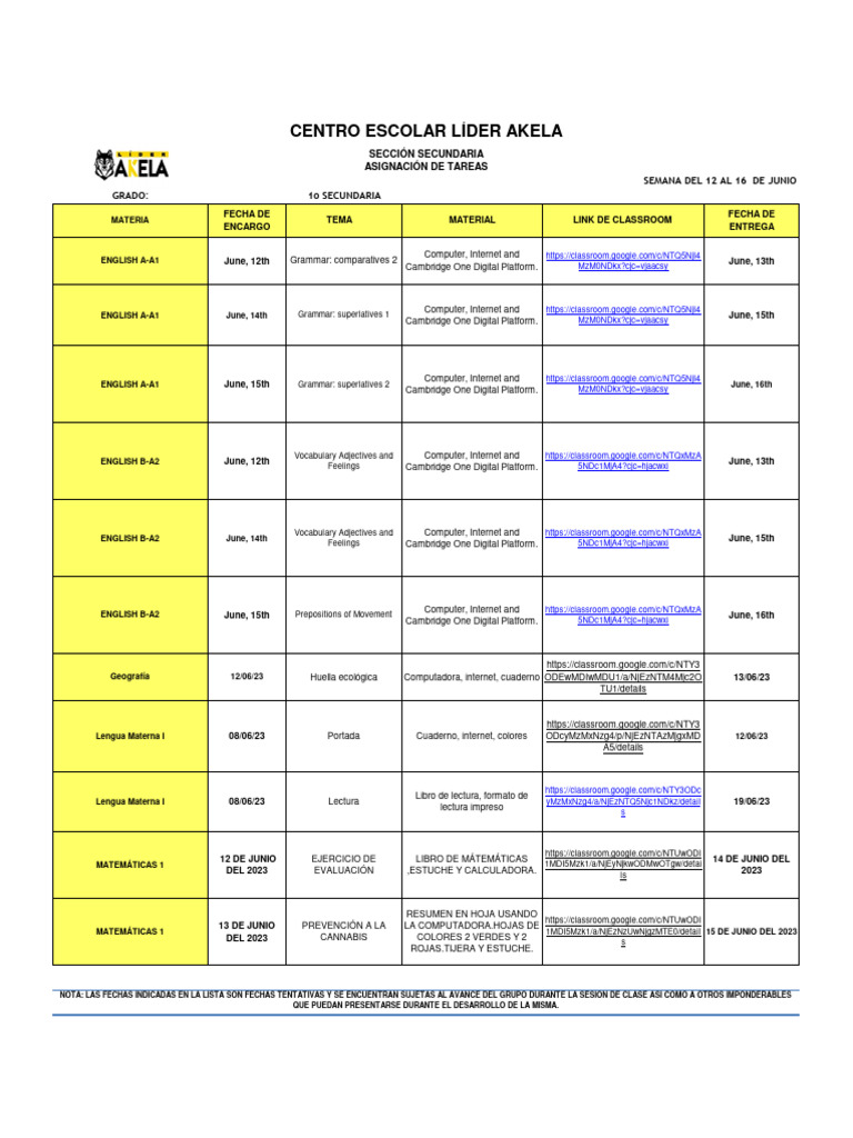 Centro Escolar Líder Akela: Sección Secundaria Asignación de Tareas Semana Del 12 Al 16 de Junio ...
