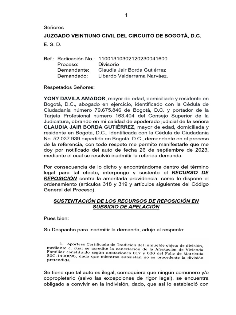 Escrito Recurso de Reposición Divisorio 11001310302120230041600 | PDF