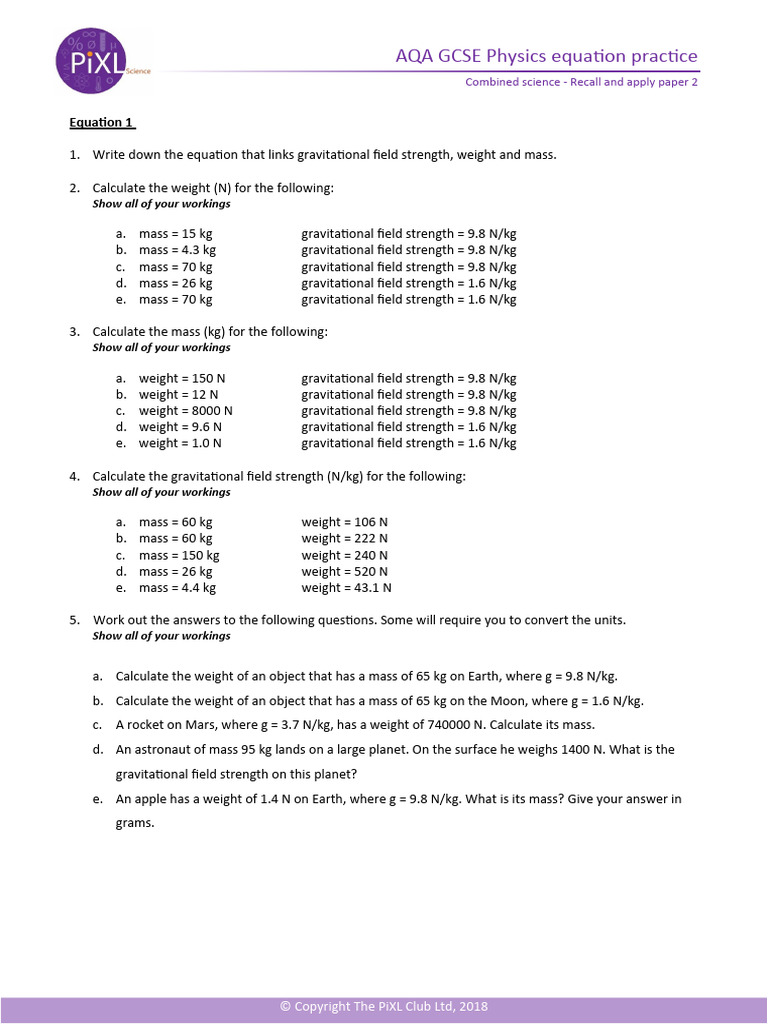 AQA GCSE Physics Equation Practice Paper 2 Recall and Applyv1.1 | PDF ...