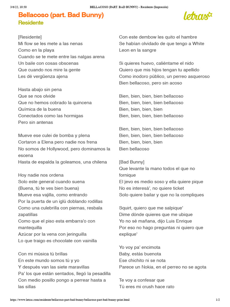 BELLACOSO (PART. BAD BUNNY) - Residente (Impresión) | PDF