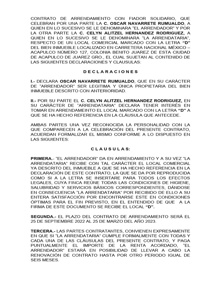 Contrato de Arrendamiento Con Fiador Solidario | PDF