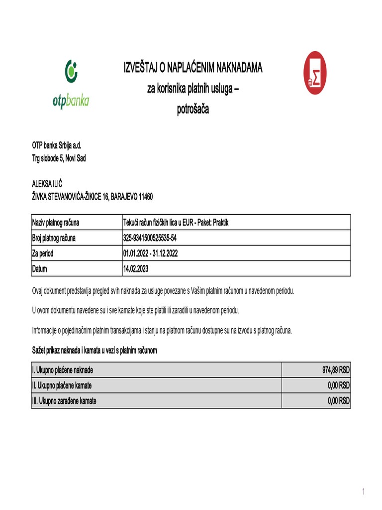 Izveštaj O Naplaćenim Naknadama Za Korisnika Platnih Usluga - Potrošača ...