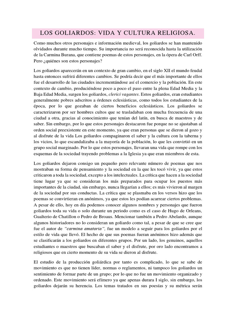 Goliardos: Vida y Crítica Social Medieval | PDF | Edades medias