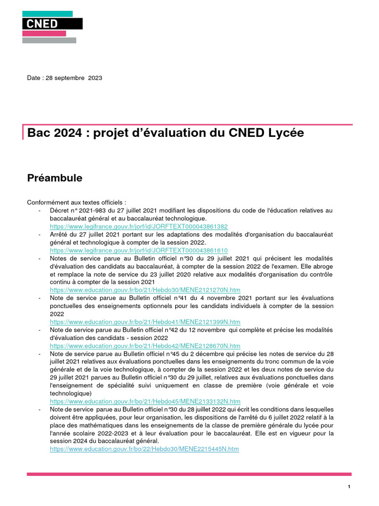 Projet Evaluation Bac2024 CNED Lycee | PDF