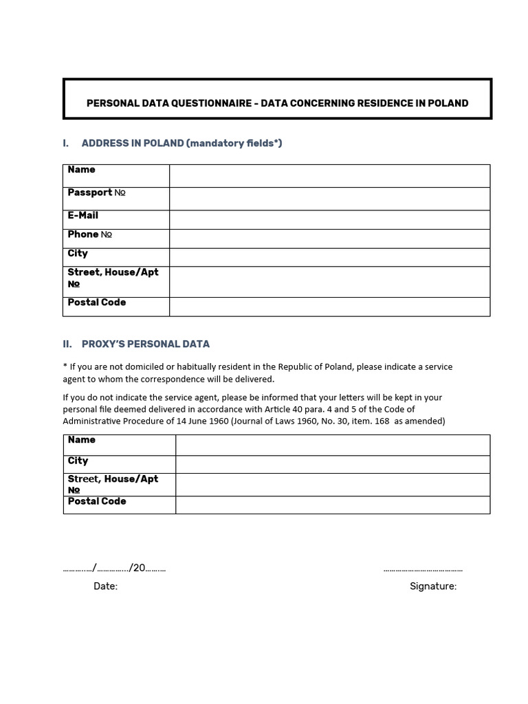 Personal Data Questionnaire Data Concerning Residence In Poland Pdf 3595