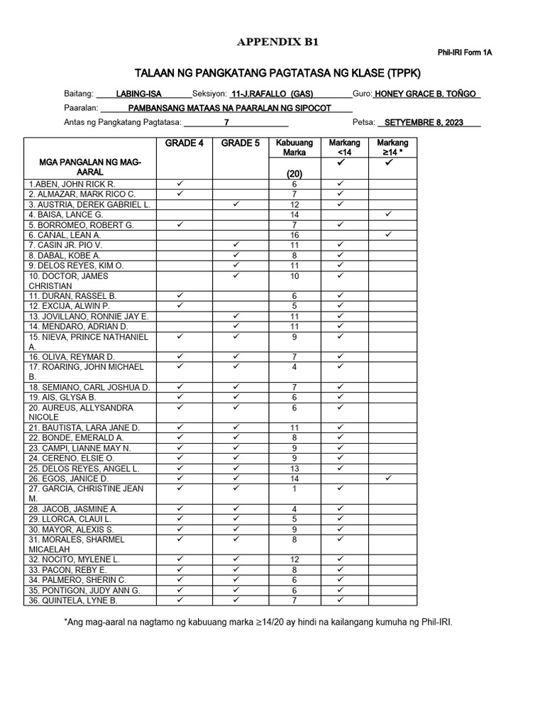 Phil Iri Summary Sheet Grade 11 Final | PDF