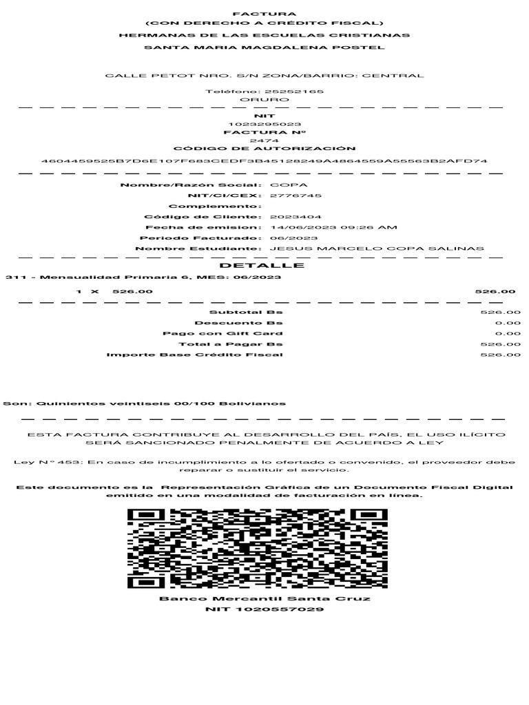 Detalle: Banco Mercantil Santa Cruz NIT 1020557029 | PDF