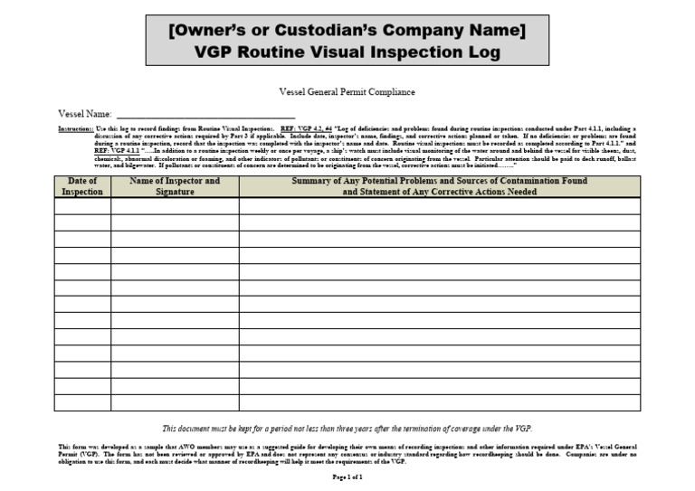 6 VGP Routine Visual Inspection Log | Download Free PDF | Environment ...