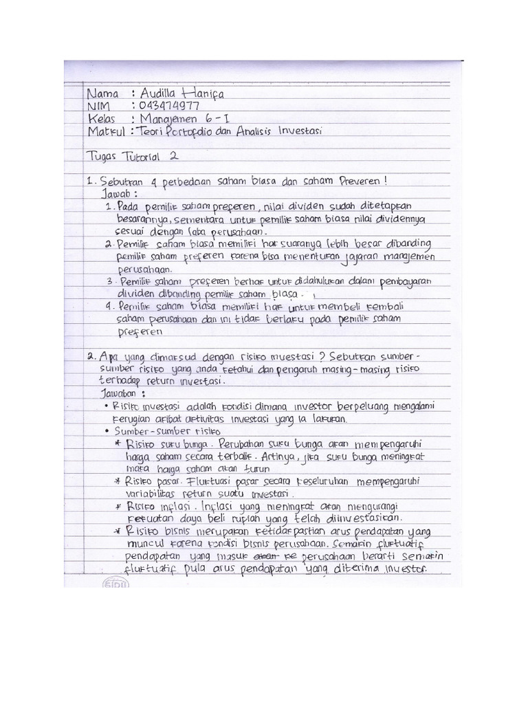 Tugas Tutorial 2 Teori Portofolio | PDF