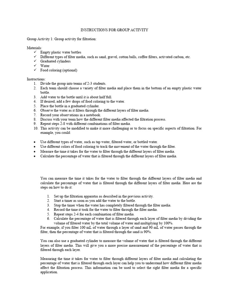 Instructions For Group Activity 1 | PDF | Filtration | Water