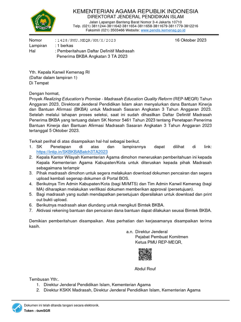 Surat Pemberitahuan Daftar Definitif BKBA Angkatan 3 TA 2023 - TTE | PDF