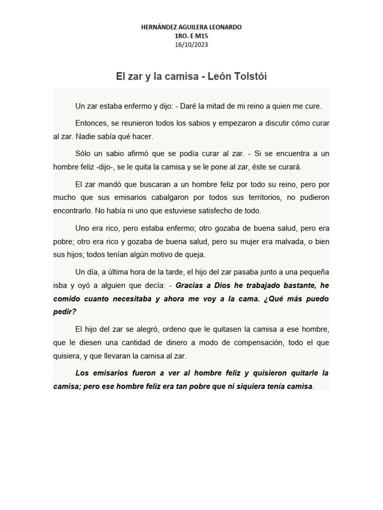 El Zar y La Camisa | PDF