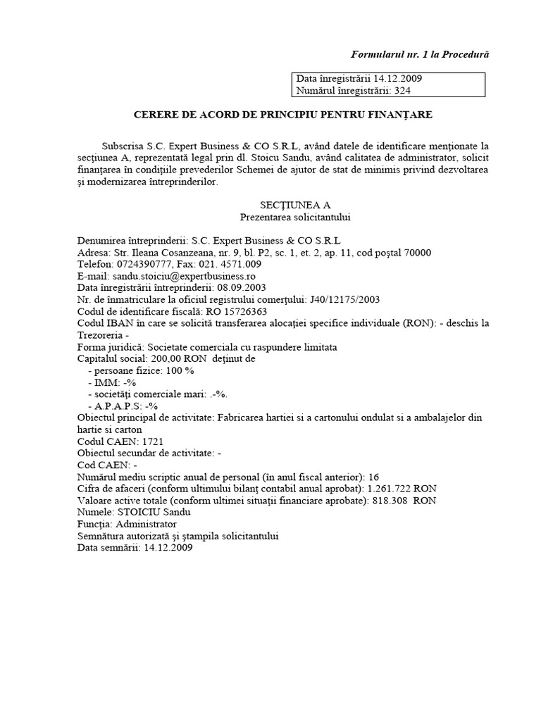 Cerere Acord Principiu Finantare | PDF