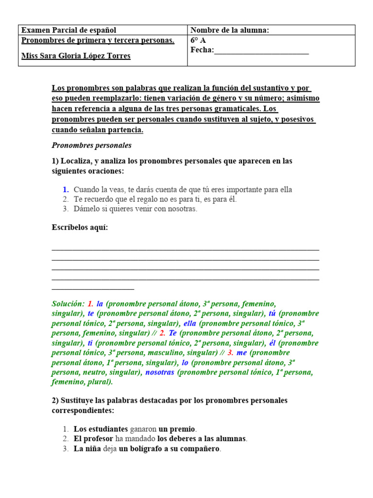 Ejercicios de Pronombres Personales y Posesivos | PDF | Pronombre ...