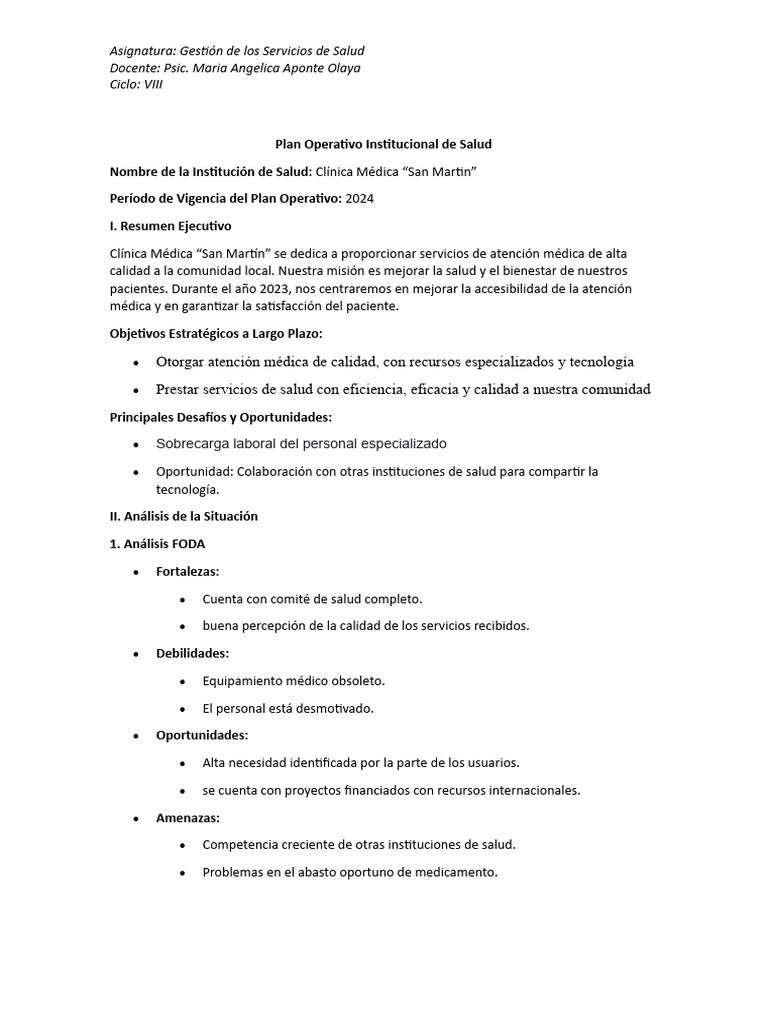 Plan Operativo 2024 Clínica San Martín | PDF | Cuidado de la salud ...