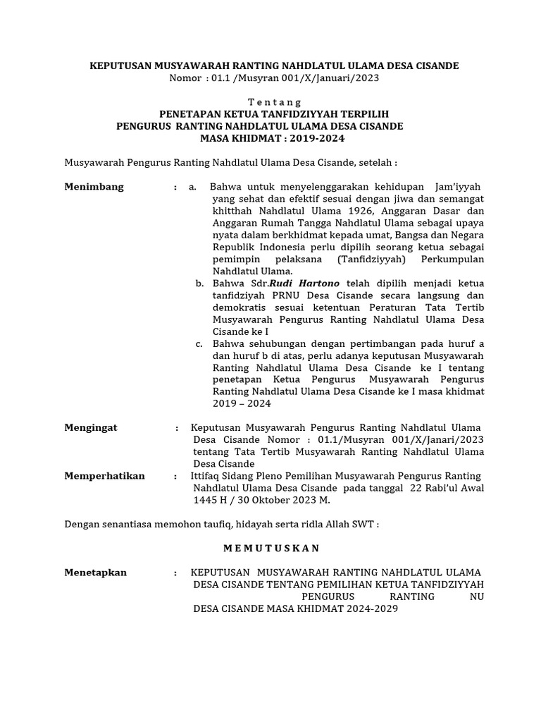 Konsideran Penetapan & Formatur Musyran (Prnu) | PDF