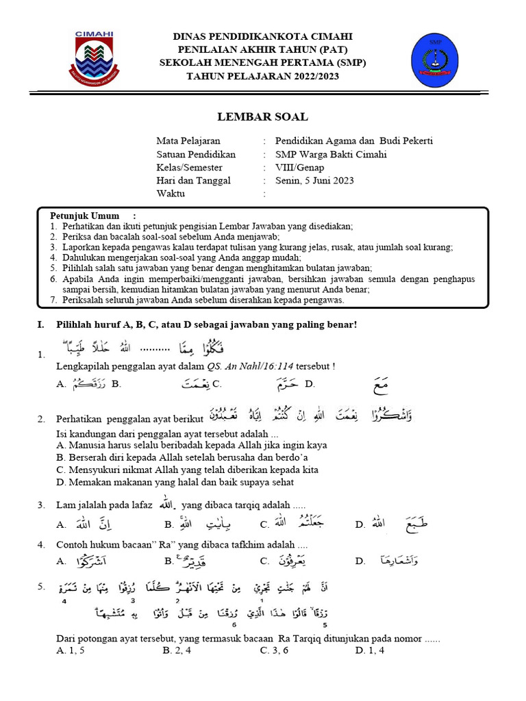 Soal Pat Pai Kelas 8 2023 | PDF