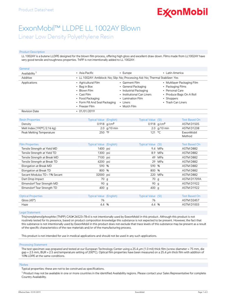 ExxonMobil LLDPE LL 1002AY Blown | PDF | Materials | Applied And ...