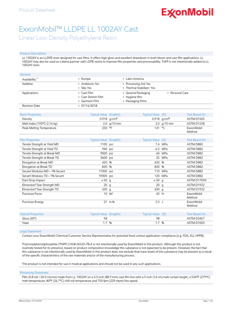 Exxonmobil Lldpe LL 1002ay Cast | PDF | Pascal (Unit) | Ultimate ...