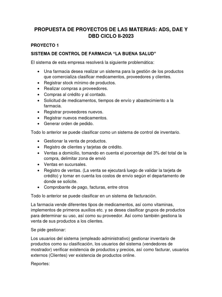 Proyectos Propuestos Ciclo II | PDF | Inventario | Farmacia