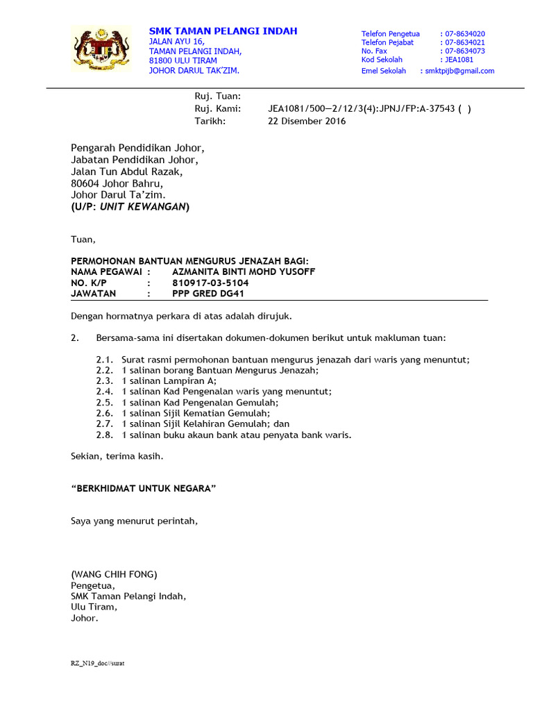 Surat JPNJ Mohon Bantuan Mengurus Jenazah | PDF