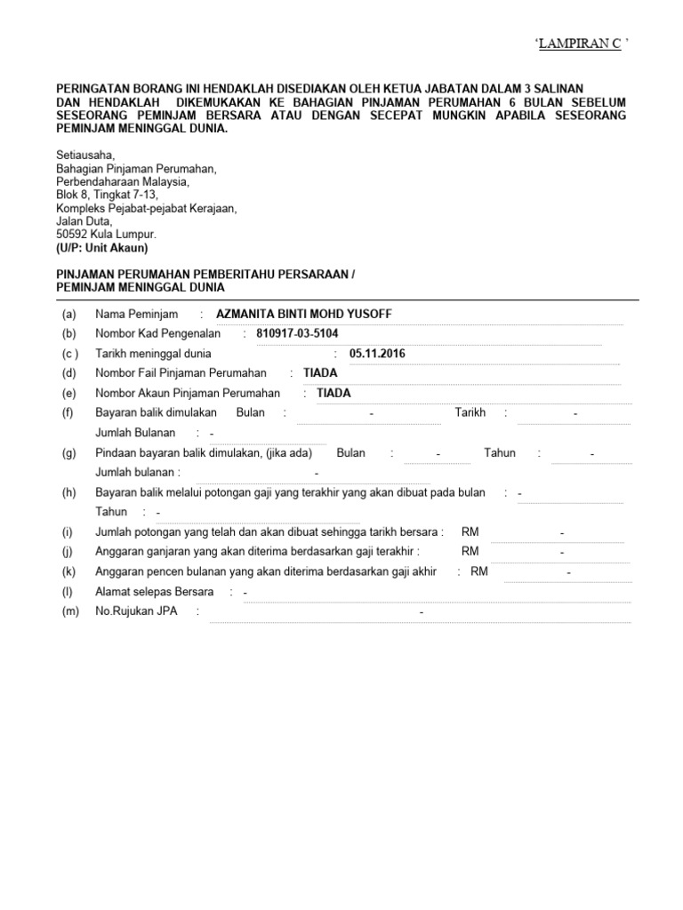 Lampiran C - Surat Ke Pinjaman Perumahan-Pencen | PDF