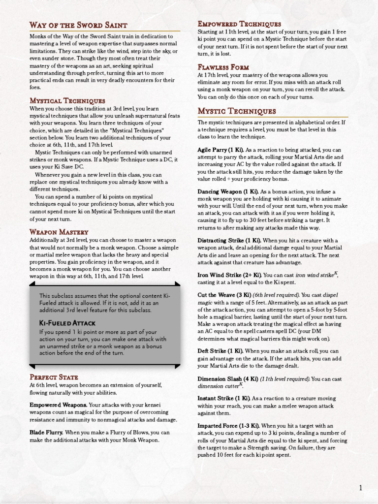 Sword Saint Monk Techniques 5E | PDF