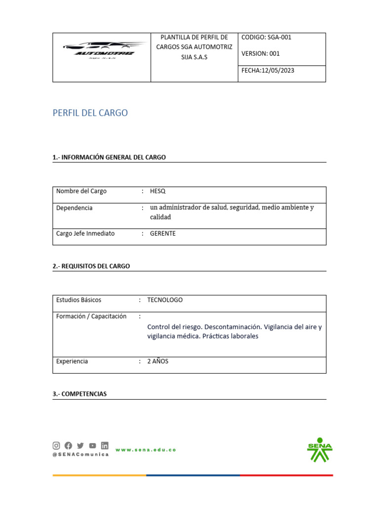 Perfil de Cargos Sga | PDF