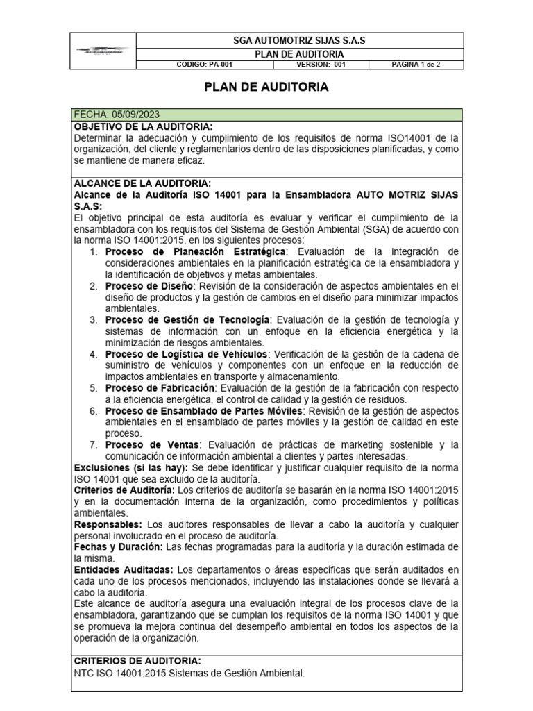Plan de Auditoria Sga | PDF | Auditoría | Calidad (comercial)