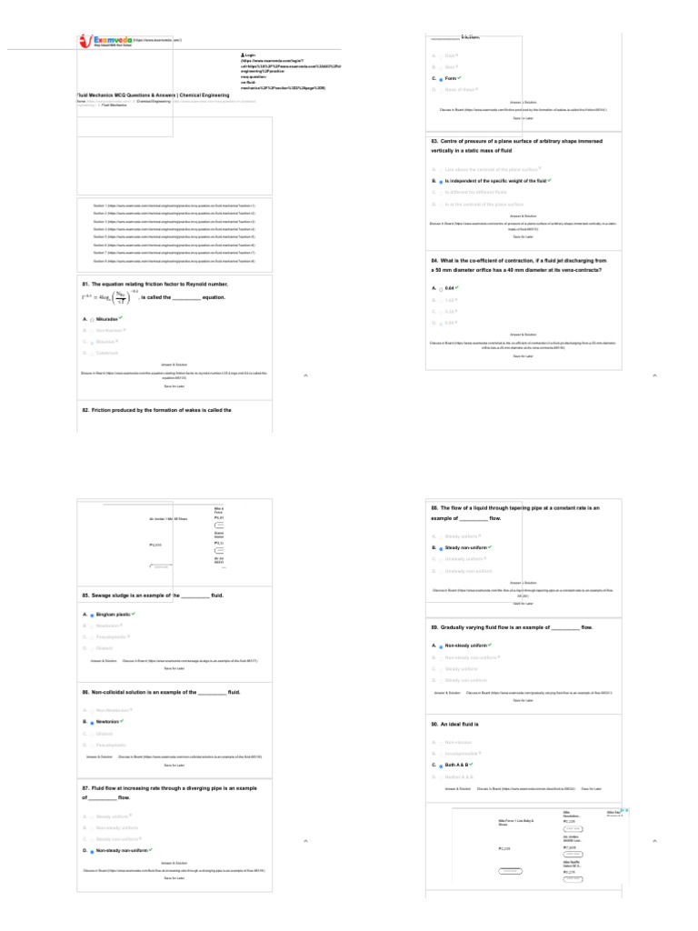 Fluid Mechanics MCQs for Engineers | PDF