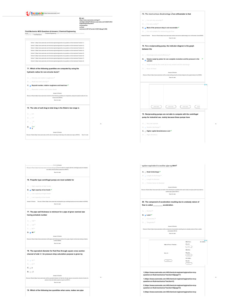 Fluid Mechanics MCQ Questions & Answers - Chemical Engineering Page-8 Section-2 | PDF | Reynolds ...