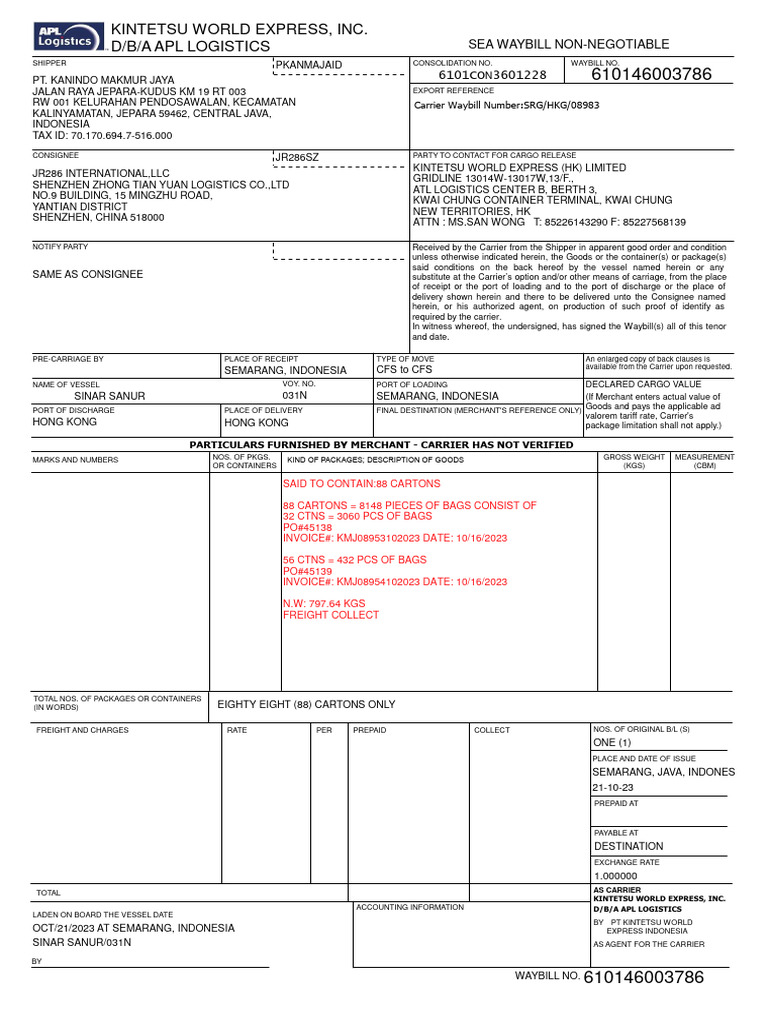 Draft HBL Pt. Kanindo 610146003786 | PDF | Common Carrier | Cargo