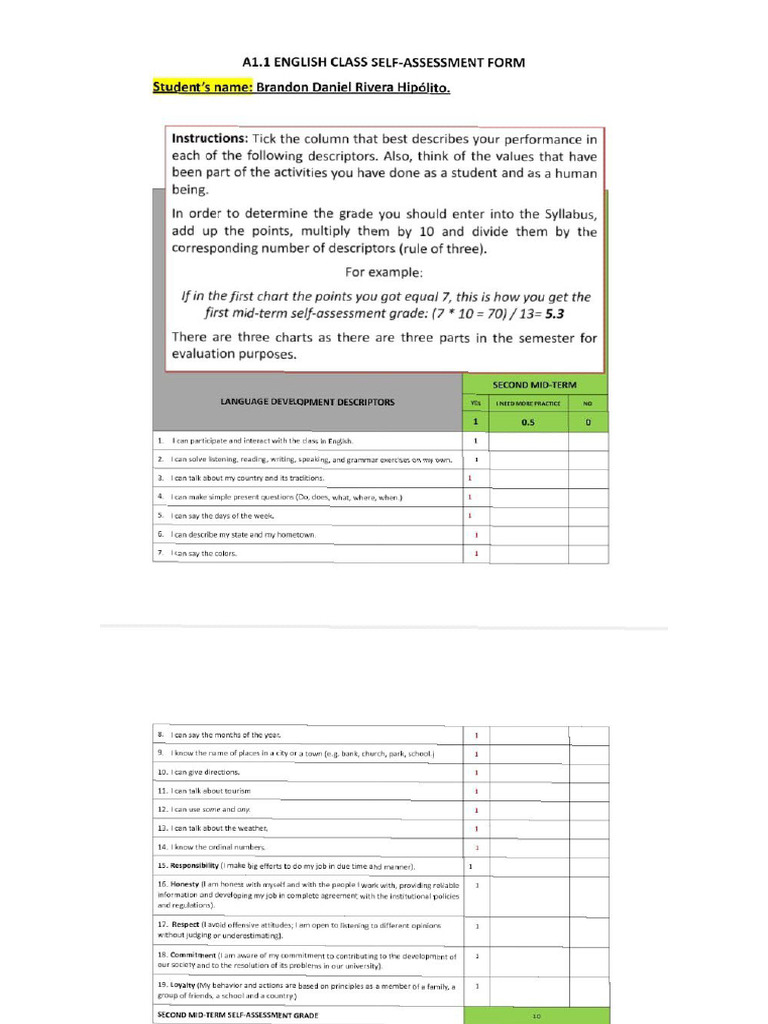 A1.1 Self-Assessment Form 2nd Partial. | PDF