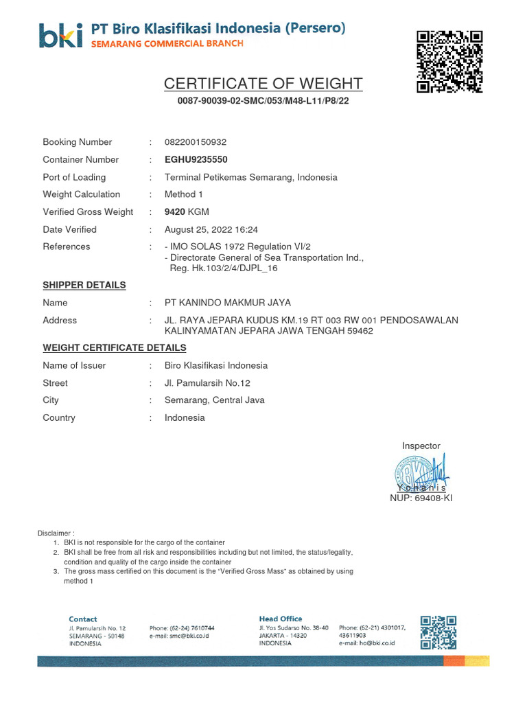 Verified Container Weight Certificate | PDF