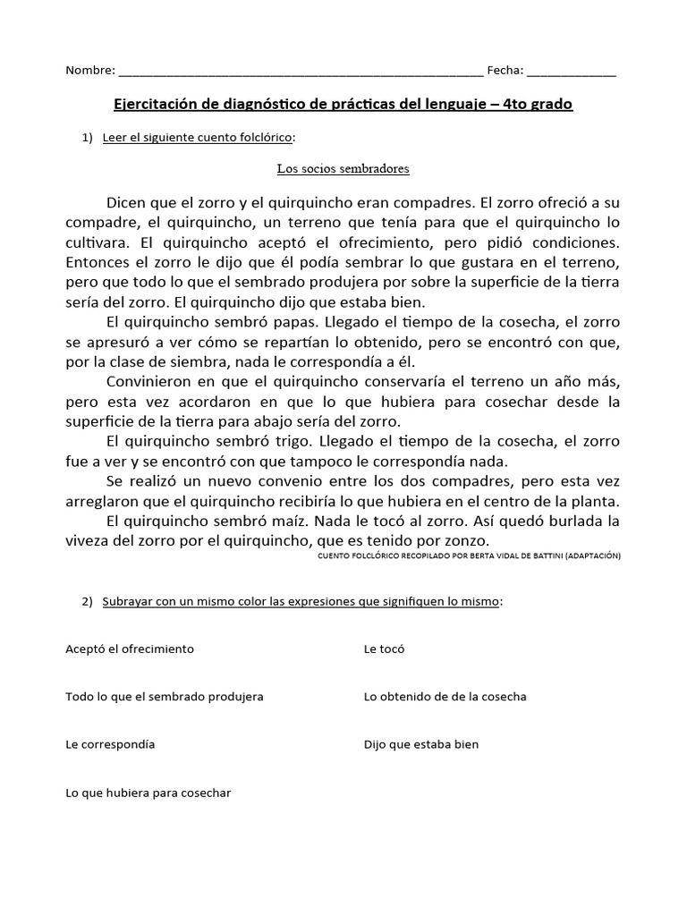 Cuento Folclórico: El Zorro y el Quirquincho | PDF