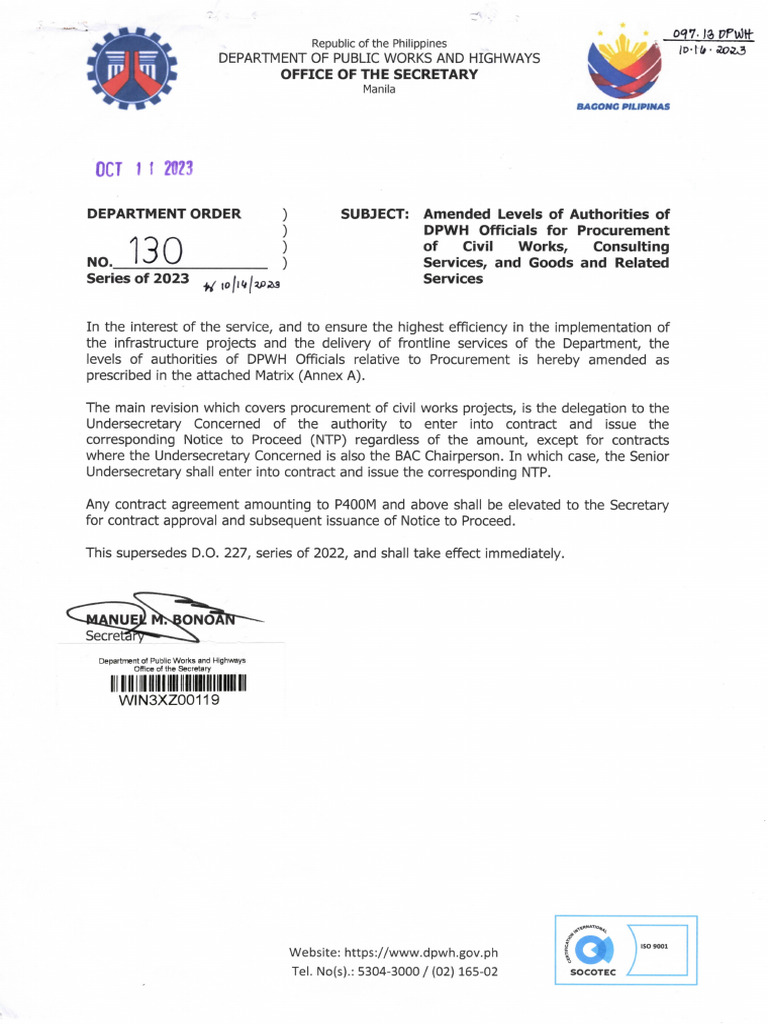 SUBJECT: Amended Levels of Authorities of DPWH Officials For Procurement of Civil Works ...