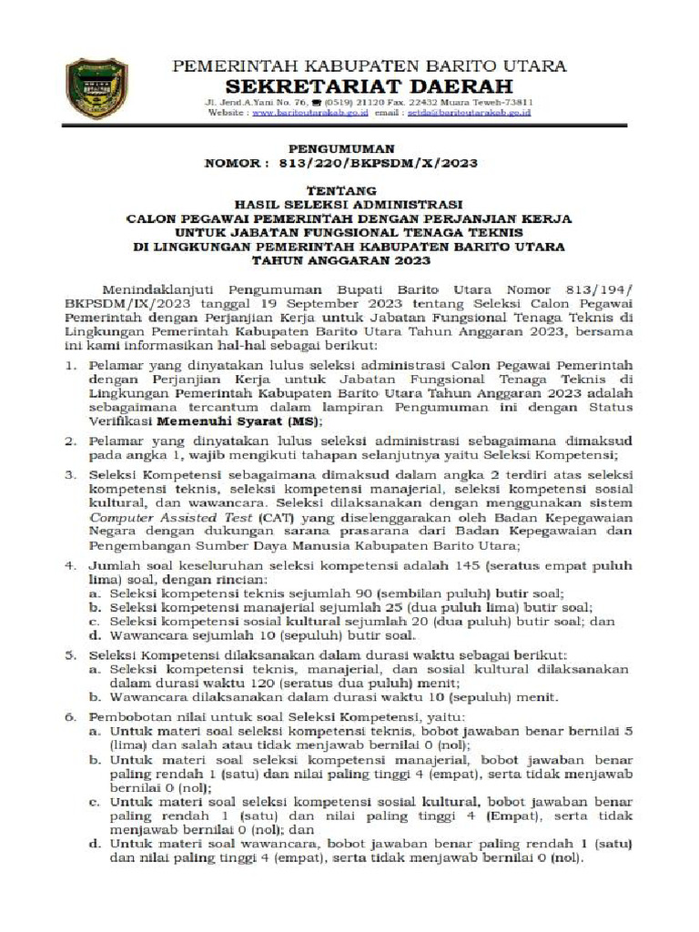 Pengumuman Hasil Seleksi Administrasi CPPPK Tenaga Teknis | PDF Pengumuman Hasil Seleksi Administrasi CPPPK Tenaga Teknis | PDF